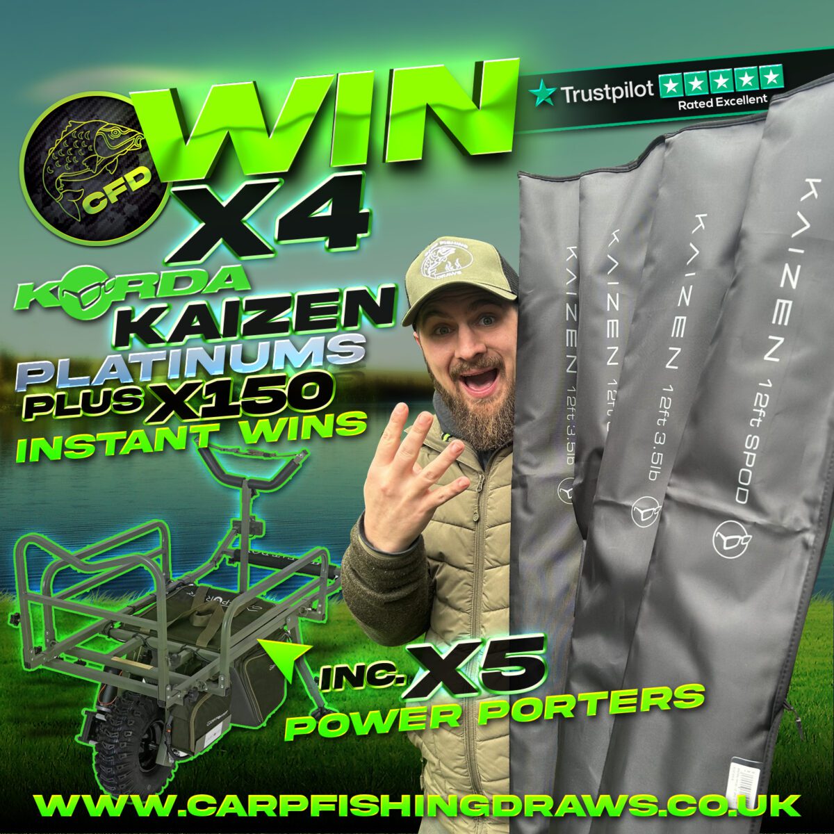 3x Korda Kaizen Rods + Matching Spod Rod PLUS 150 Instant Winners ...