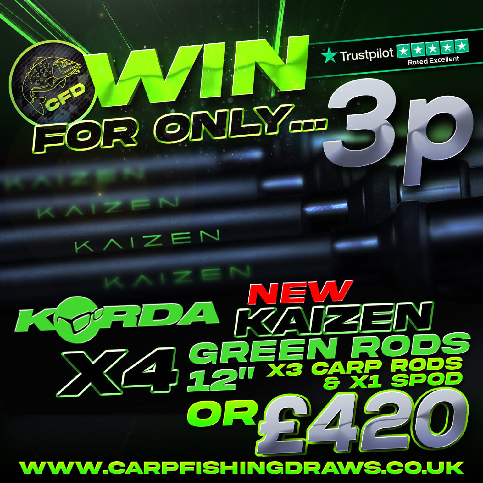 **NEW RELEASE** Set of 4x Korda Kaizen Green Rods Or £420 Cash for 3p ...